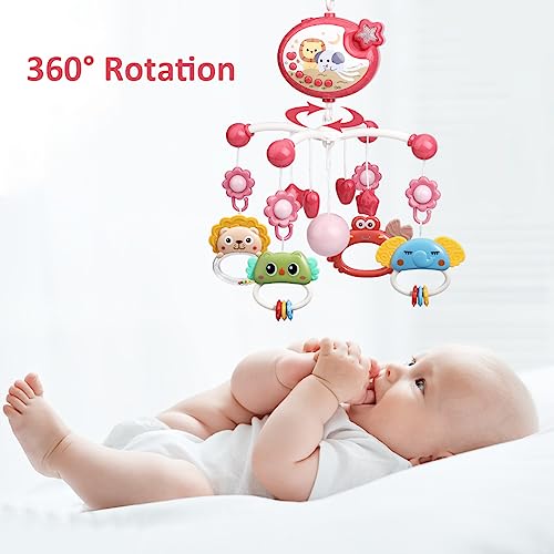 Baby Musical Crib Mobile with Light and Projector, Mobile for Crib with Remote Control & Timming Function, Rotating Hanging Rattles Toy for Newborn(Red)