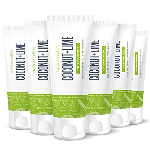 Schmidt's toothpaste With Vitamins and Botanical Extracts, Coconut + Lime, Helps Whiten Teeth, Fluoride Free 4.7 oz 6 Count