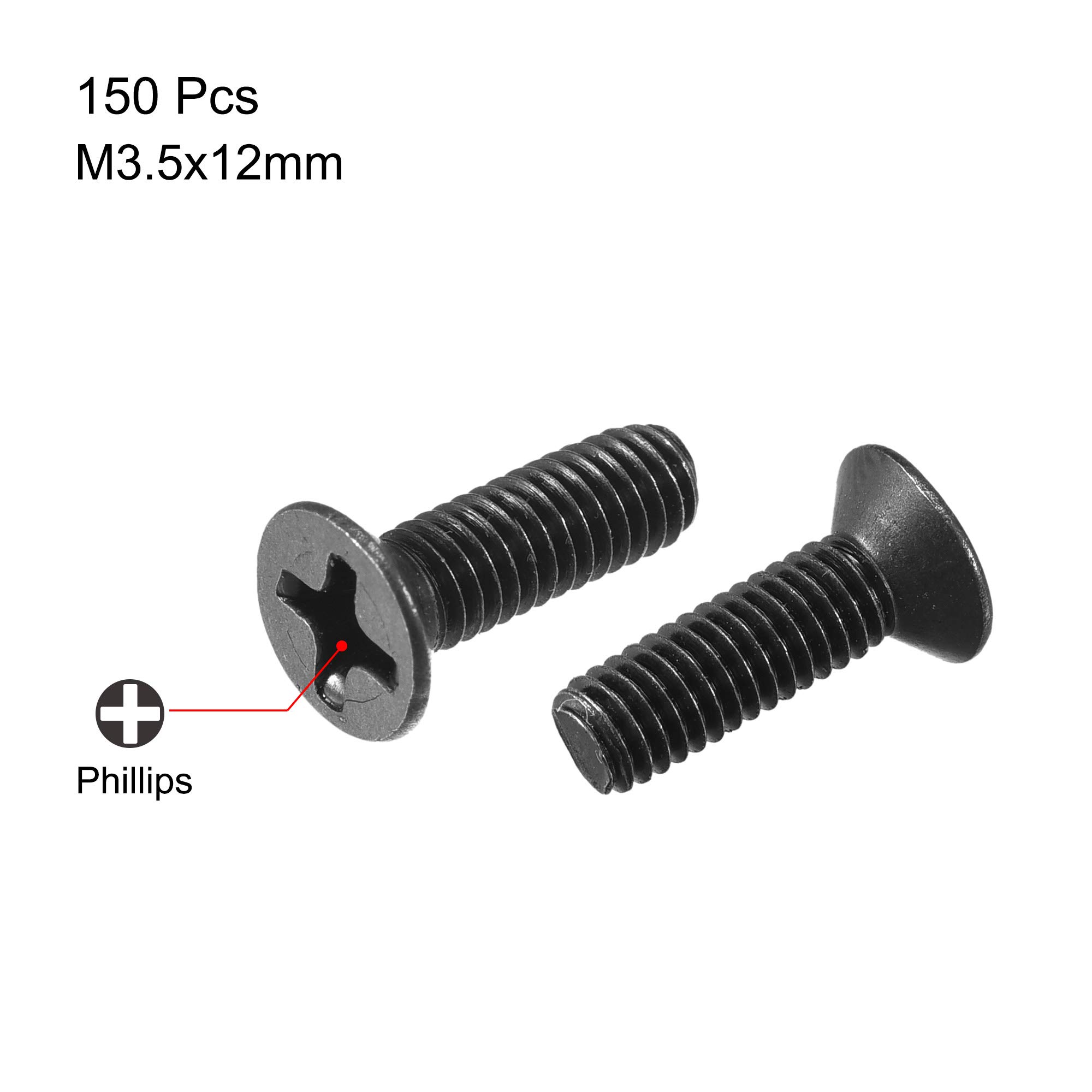 uxcell M3.5 x 12mm Phillips Screw Fastener Black for Laptop PC TV Fan Switch 150pcs