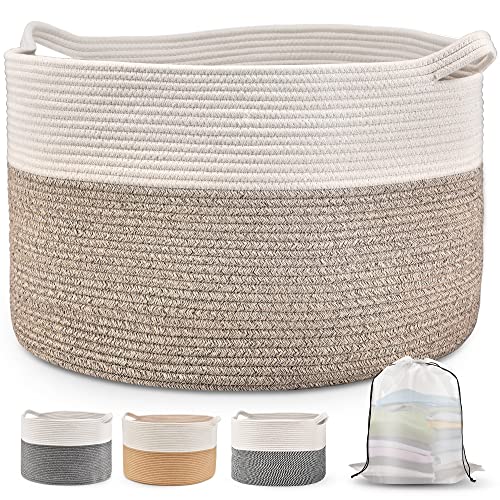 AOSION Large Cotton Rope Basket 22" x 22"x14" Extra Large Storage Baskets, Woven Laundry Basket for Blankets, Nursery Toy Basket with Handles, Blanket Basket for Living Room (Brown)