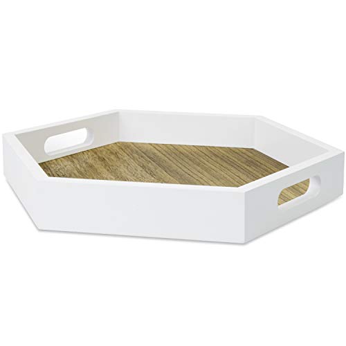 MyGift Hexagonal White Wood Decorative Tray with Handles and Burnt Wood Base, Geometric Serving Tray Ottoman Breakfast Tray