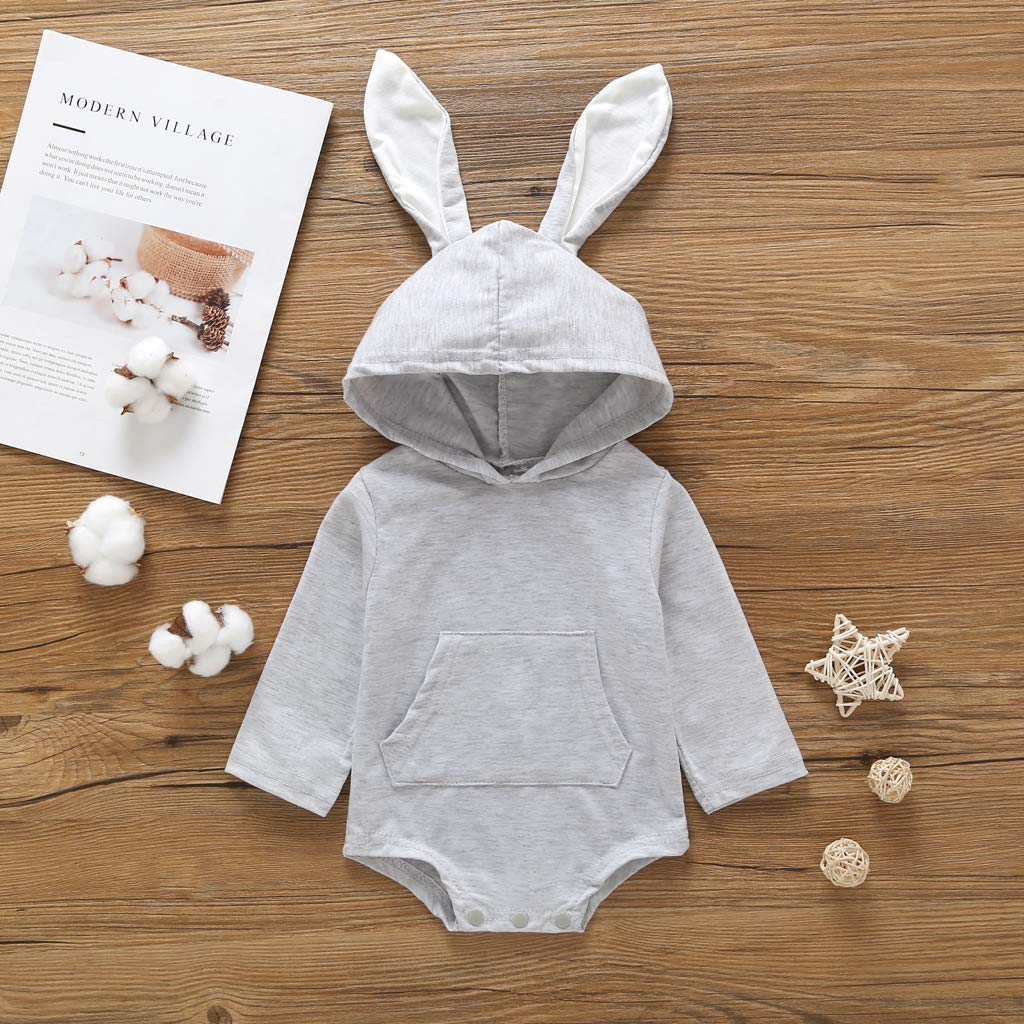DUBASAM Newborn Infant Baby Girl Boy Bunny Hooded Romper Cartoon 3D Rabbit Hoodie Halloween Easter Outfit (Light Gray, 0-3 Months)