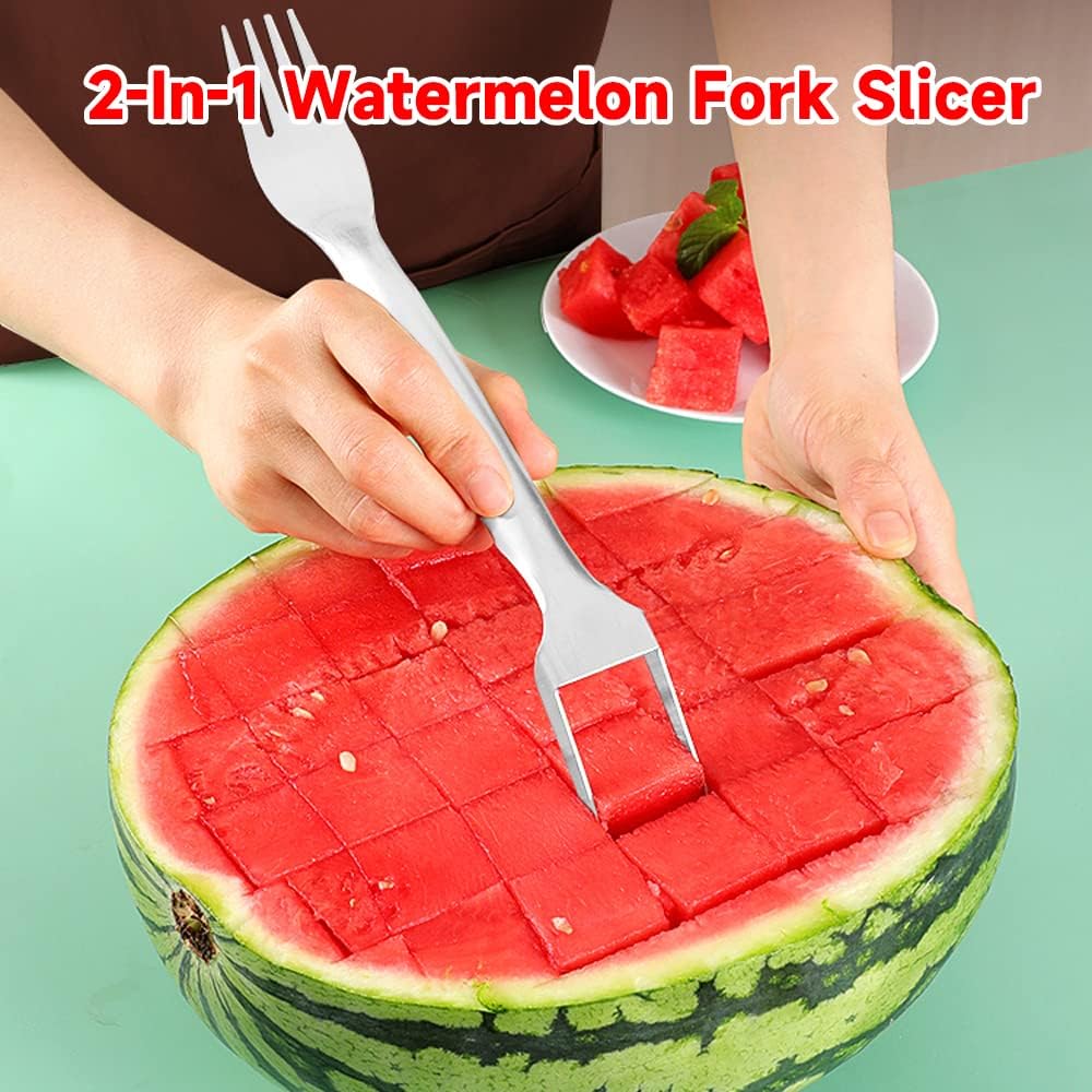 2-in-1 Stainless Steel Fruit Cutter, 2024 New Watermelon Fork Slicer Cutter Slicer Tool, 2PCS Dual Head Fruit Forks Slicer Knife for Home Kitchen Gadget(2PCS)