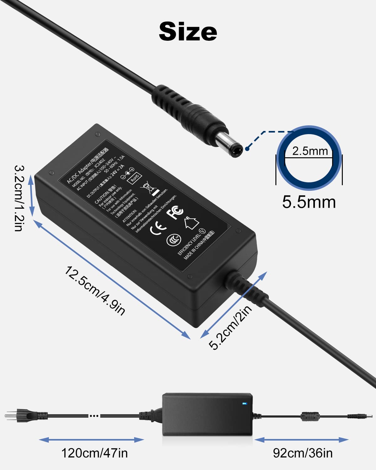 24V 2A DC Power Supply Adapter 24 Volt AC Adapter 100-240V 50-60Hz AC to DC 24V 2A Power Adapter Cord, 24V DC Power Supply 2A Adapter with 5.5mm x 2.5mm DC Outlet Plug & 1 Tip
