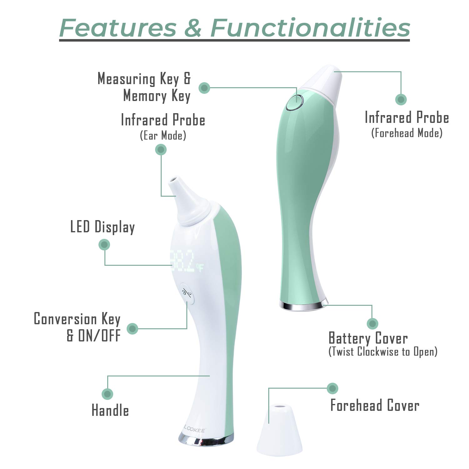 LOOKEE Breeze Infrared Forehead and Ear Thermometer for Adults, Kids, Babies, Infants | Touchless or Touch on Forehead | Medical Digital Fever Baby Thermometer with Large Front LED Display New Version