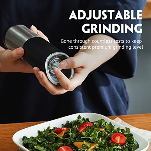 Automatic Salt and Pepper Grinder Set - Kitexpert Gravity Electric Salt and Pepper Mill Battery Operated - One Handed Operation with Light - Up to 5 Adjustable Grinding Levels