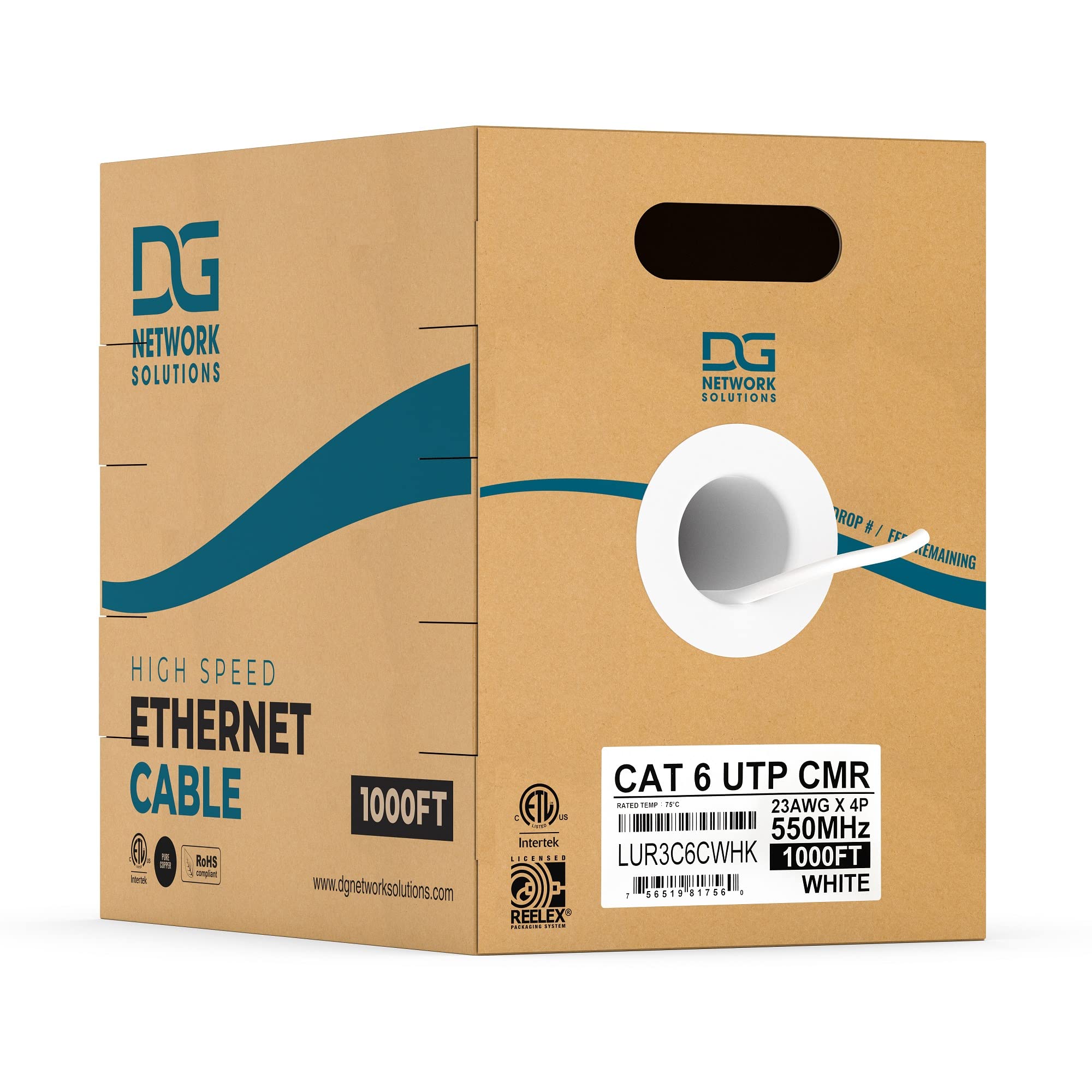 DG Cat6 Riser (CMR), 1000ft, Unshielded, 23AWG, Solid Bare Copper, Up to 10Gb Speeds, No Spline, Faster-Easier Terminations, 550MHz, ETL Listed, Indoor/Home/Commercial Use, Bulk Ethernet Cable, White