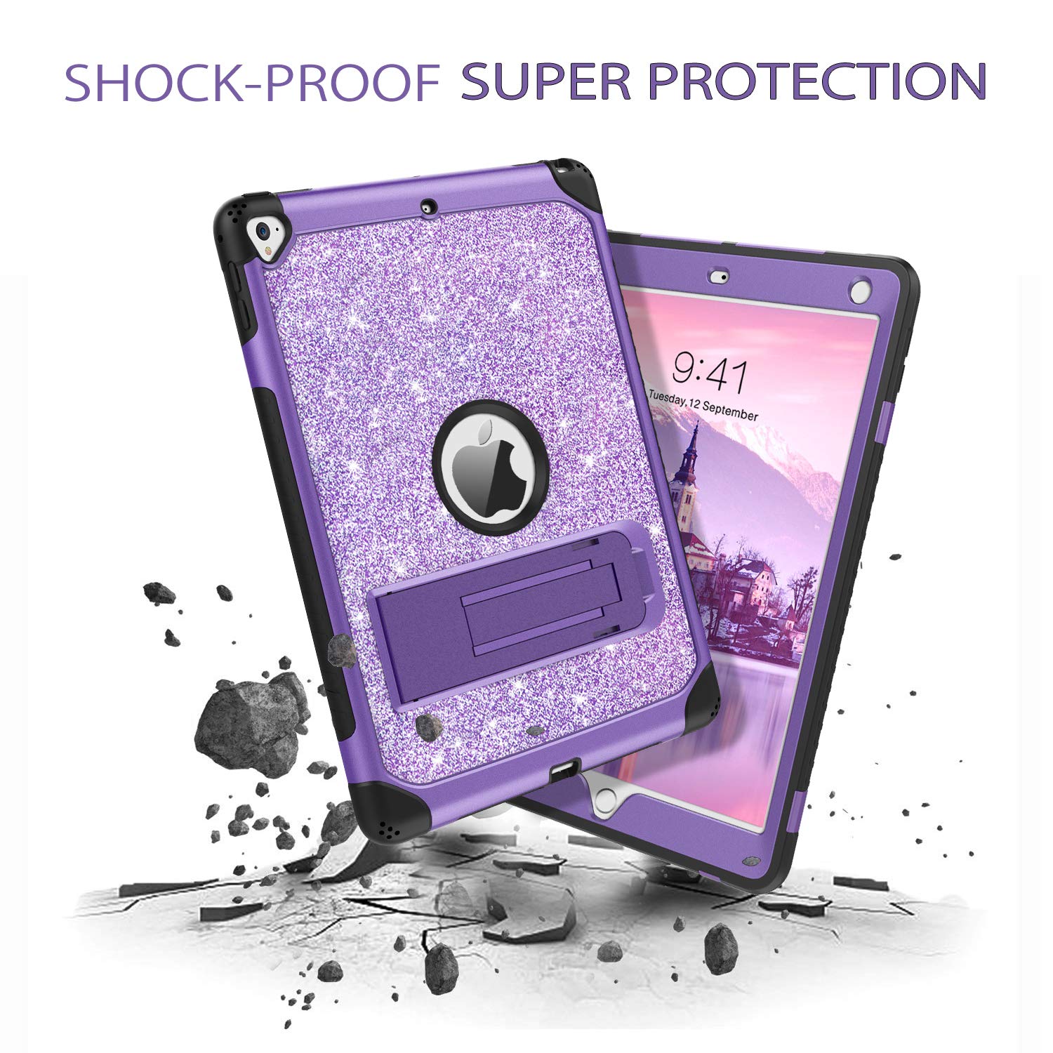 DUEDUE for iPad 9.7 Case 2017/2018, iPad Air 2 Case, iPad 6th/5th Generation Case with Kickstand Glitter Bling 3 in 1 Heavy Duty Hard PC Cover Shockproof Protective Case for iPad Pro 9.7, Purple