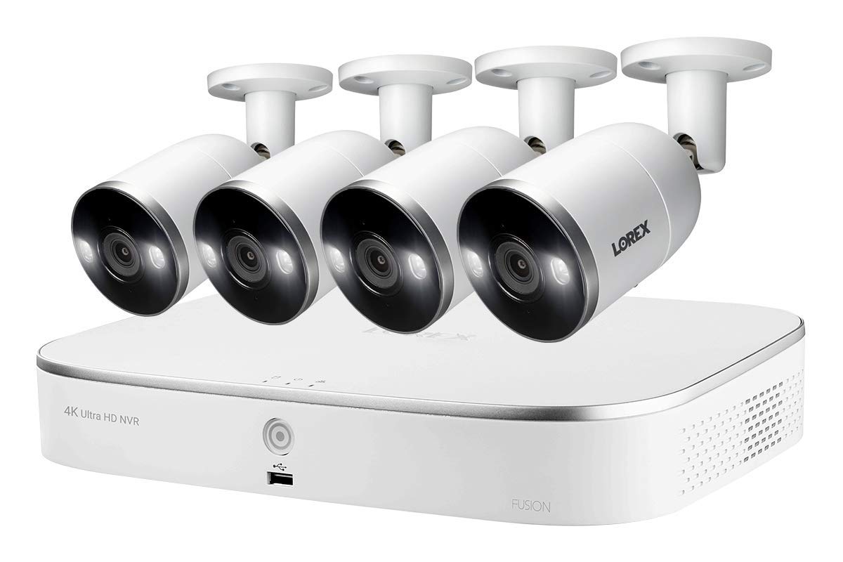 Lorex 4K Security Camera System, Fusion 8-Channel 3TB NVR with 4 Ultra HD IP Wired POE Metal Security Cameras with Smart Deterrence, Motion Detection Video Surveillance