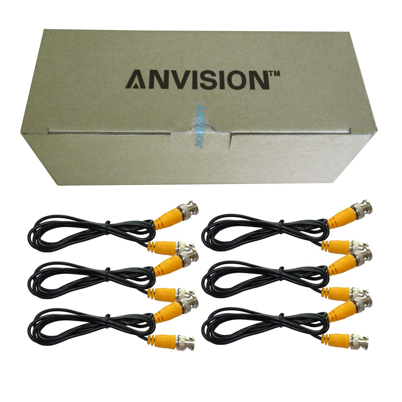 ANVISION 6-Pack Black 1m 3.3ft BNC Male to BNC Male Jumper Cable with Yellow Connector for CCTV DVR to TV System