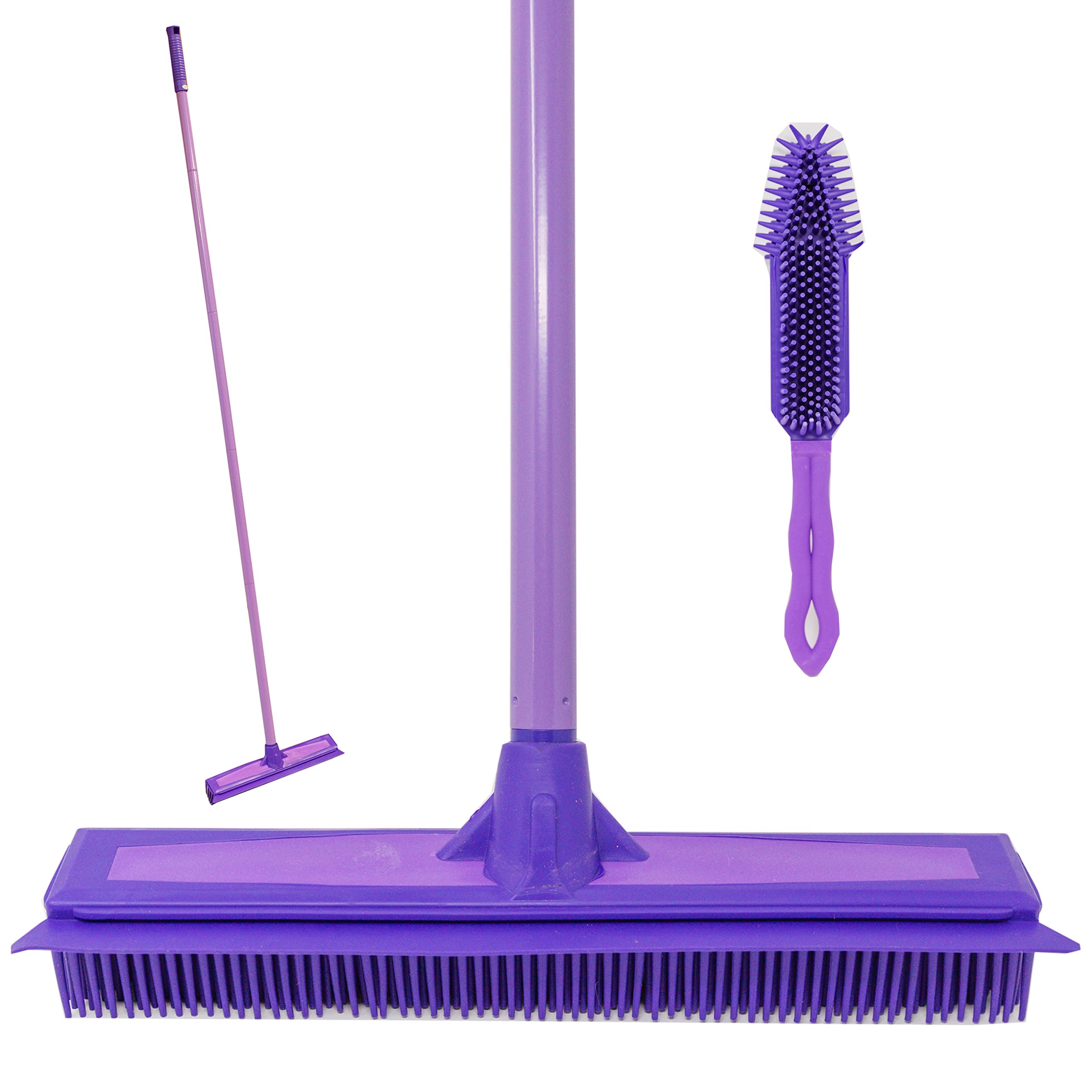 Don Aslett's Rubber Broom (12") and Hand Brush (10") Set | 59-inch Steel Pole | Multipurpose Synthetic Rubber Bristles Cleans Pet Cat or Dog Hair, Liquid Spills on Concrete & Hardwood Surface (Blue)