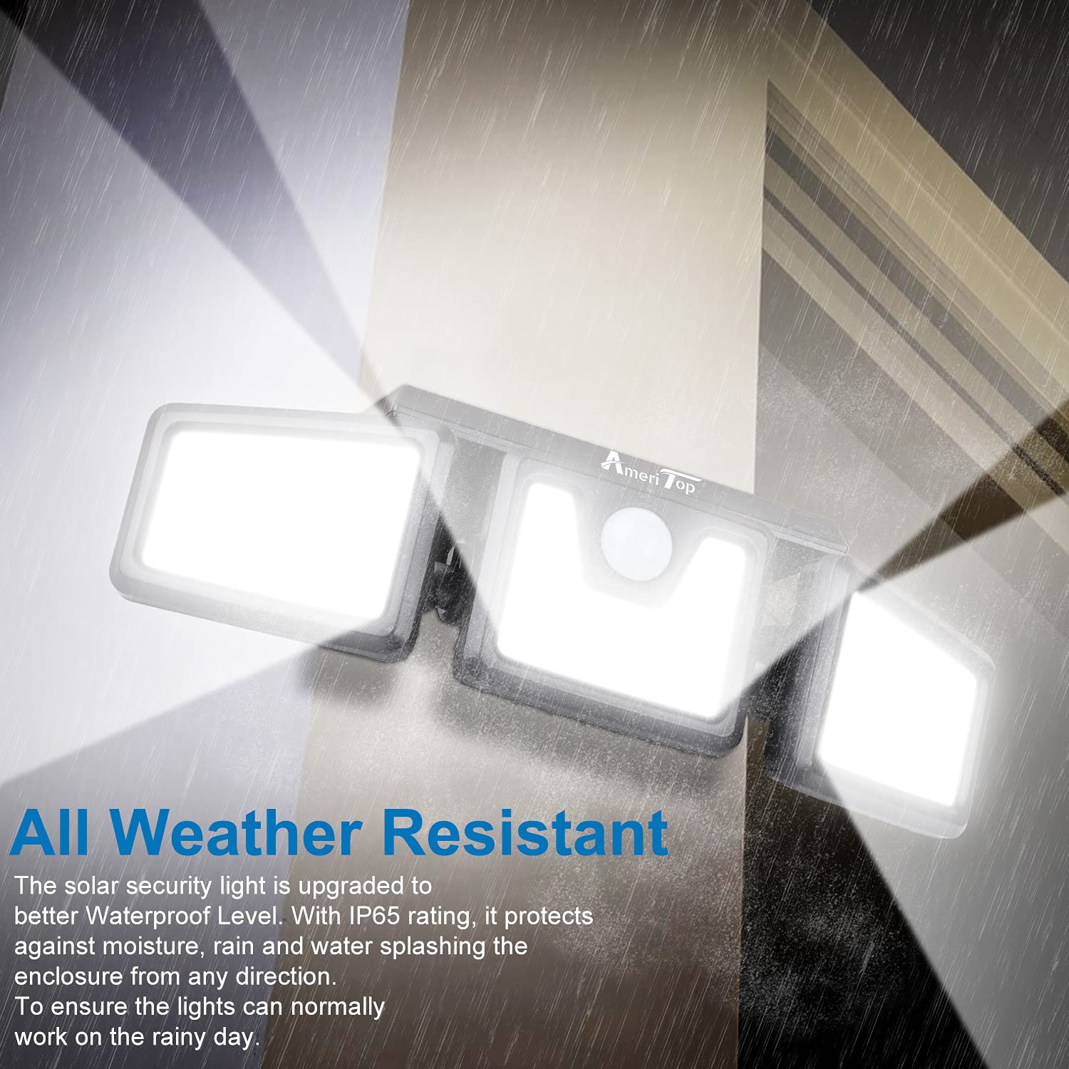 AmeriTop Solar Lights Outdoor, 300 LED 2200mah 7000K Cordless LED Motion Sensor Flood Light, 3 Heads with 3 Mode, IP65 Waterproof, Remote Security LED Flood Light(Daylight) 2 Pack