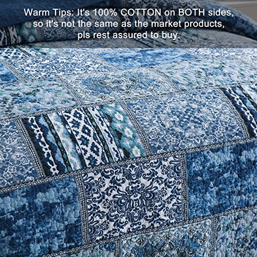 Blue Bohemain Bedspread King Quilt Set, 100% Cotton Coverlet King, Reversible Rustic Patchwork Printed Bedding Quilt Coverlet, 3 Pieces Boho Cotton Quilt Set for All Season King for Summer 94βx106ββ