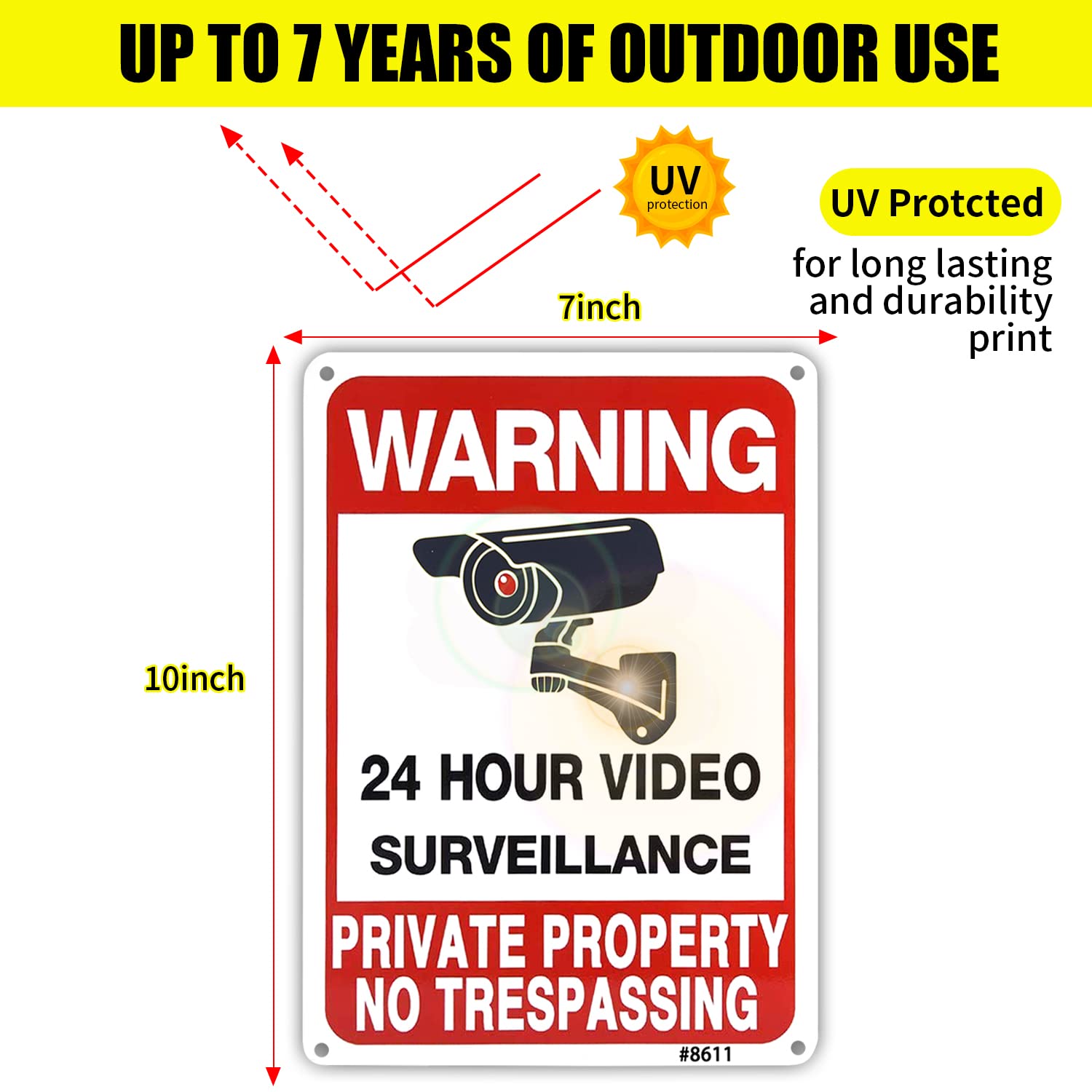 24-Hour Video Surveillance Warning Sign Set of 4 - Aluminum, 10x7 Inches, UV Printed, Deterrent for Private Property Trespassing, No Trespassing Alert Plaque
