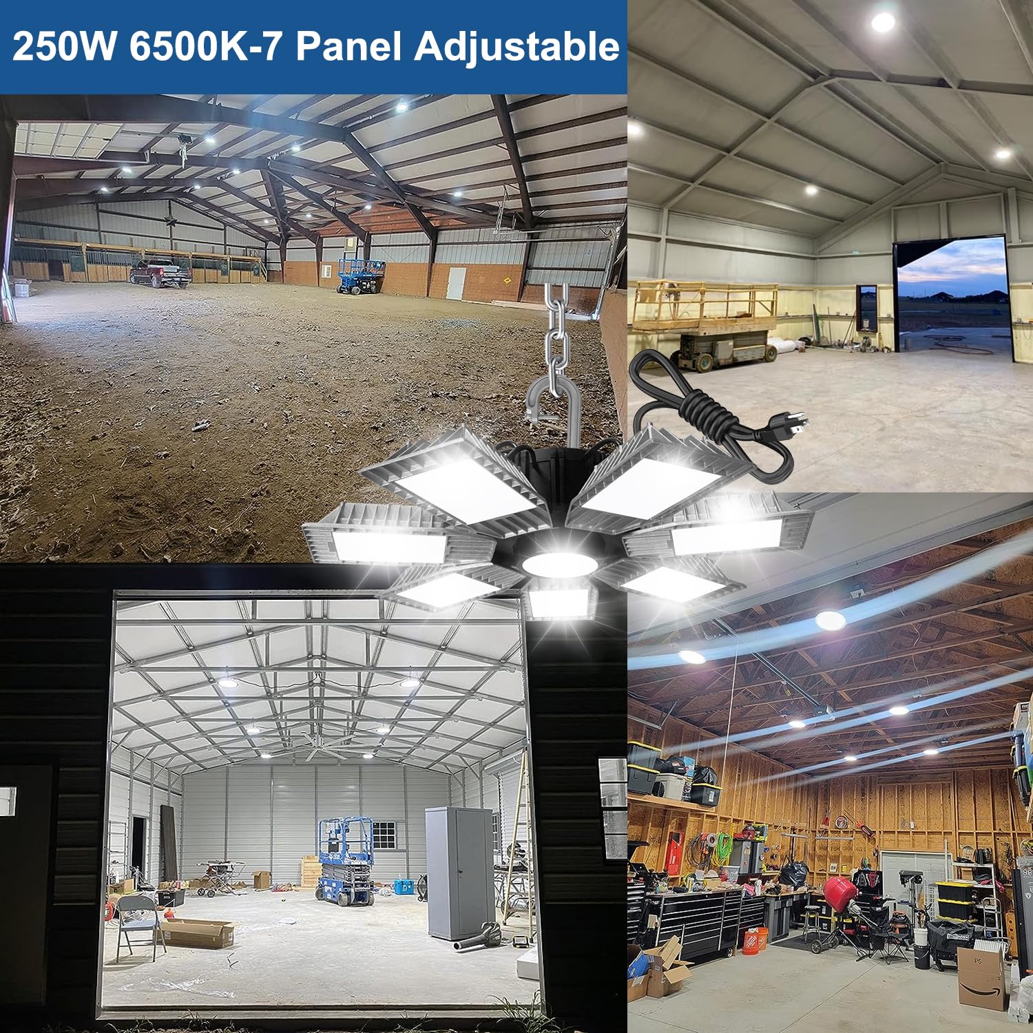 2-Pack 250W LED High Bay Light 6500K Adjustable 7Panel Design 30000LM Bright Shop Light Aluminum Heat Sink - Ideal for Warehouse, Residential, Barn, Factory, Workshop Hanging LED Shop Lighting