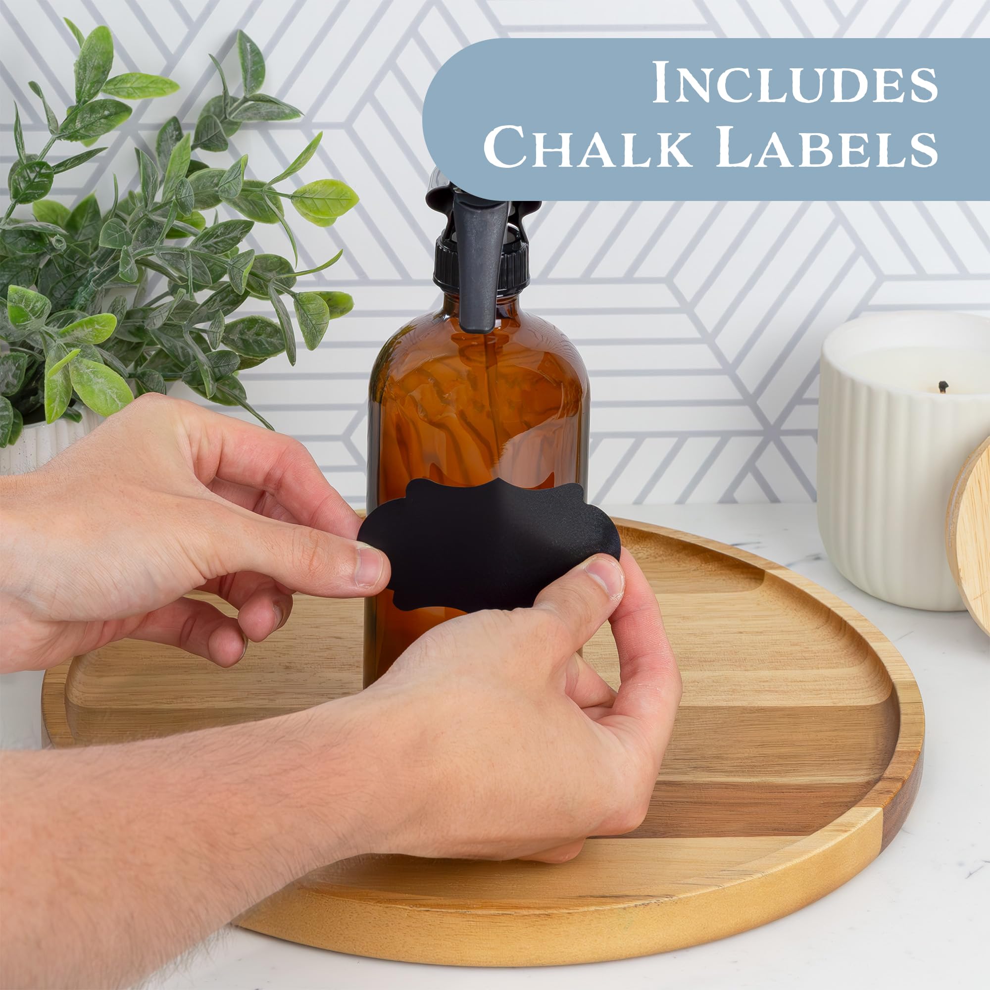 Cornucopia Brands 16oz Amber Glass Spray Bottles w/Reusable Chalk Labels (2 Pack), Heavy Duty Mist & Stream 3-Setting Sprayer; Great for Essential Oils