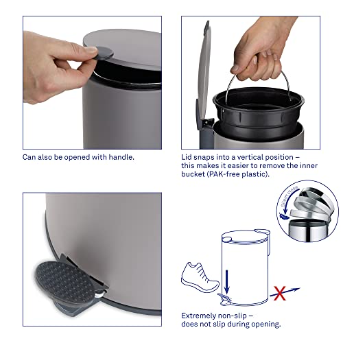 Kela Bathroom Trash Can with Soft Close, Step-On Lid, Silver, 0.8 Gallons, 9 inches Tall, Small Waste