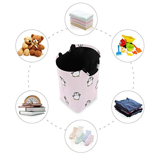 Blueangle Pink Background Penguin Laundry Hamper Large Laundry Basket with Handles Foldable Hamper for Laundry Durable Dirty Clothes Hamper