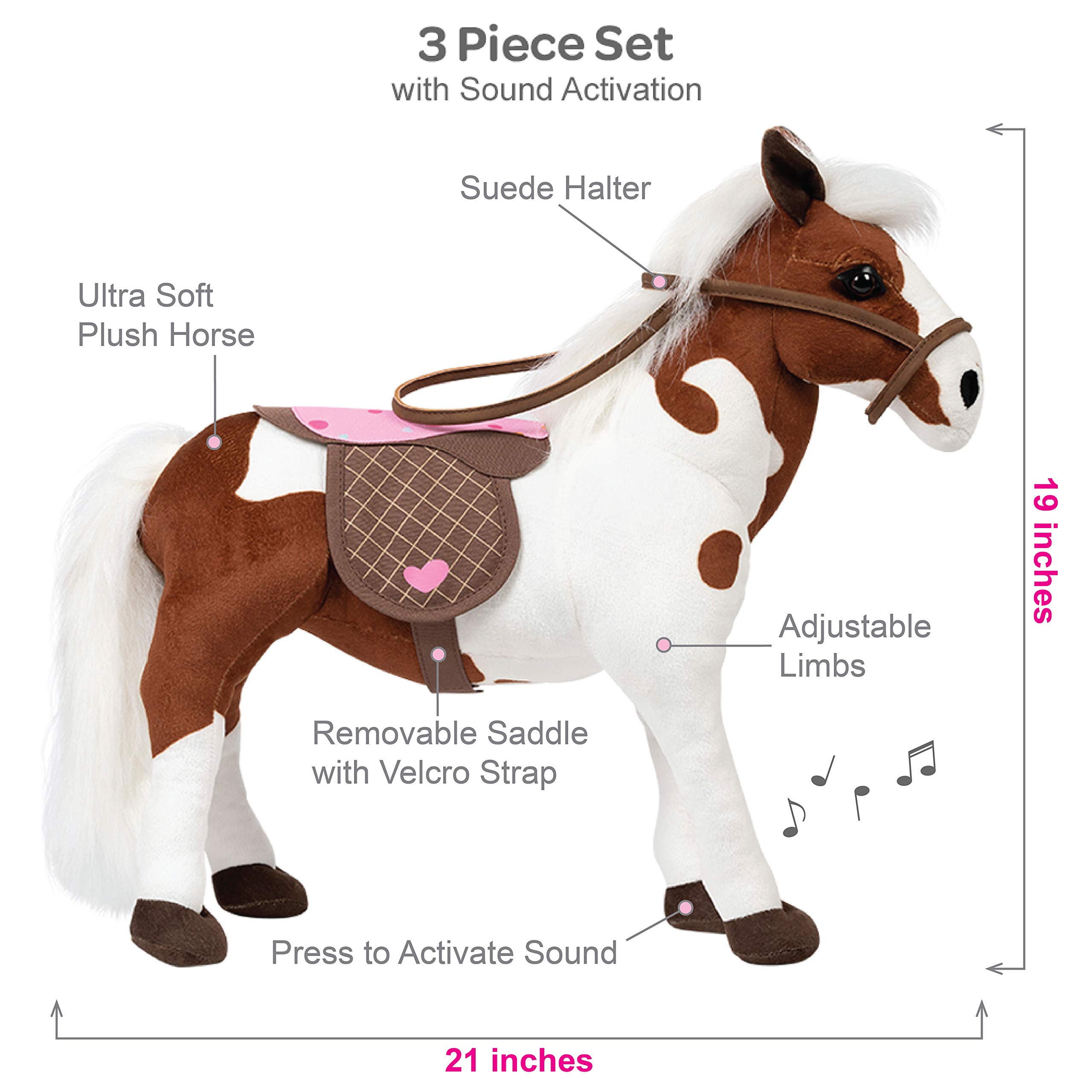 ADORA Amazon Exclusive Amazing World Collections, Toy Plush Horse with 1 Sound Effect, Saddle, Harness & Wooden Stable Play Set โ 15 Piece Set for 18 inch Dolls