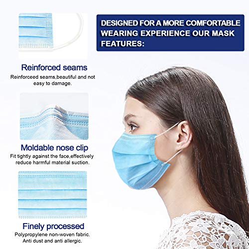 T·IMTEX Disposable Protective Face Mask, Breathable 3 Ply Masks with Earloops,with Melt-Blown Cloth (Blue 50pcs)
