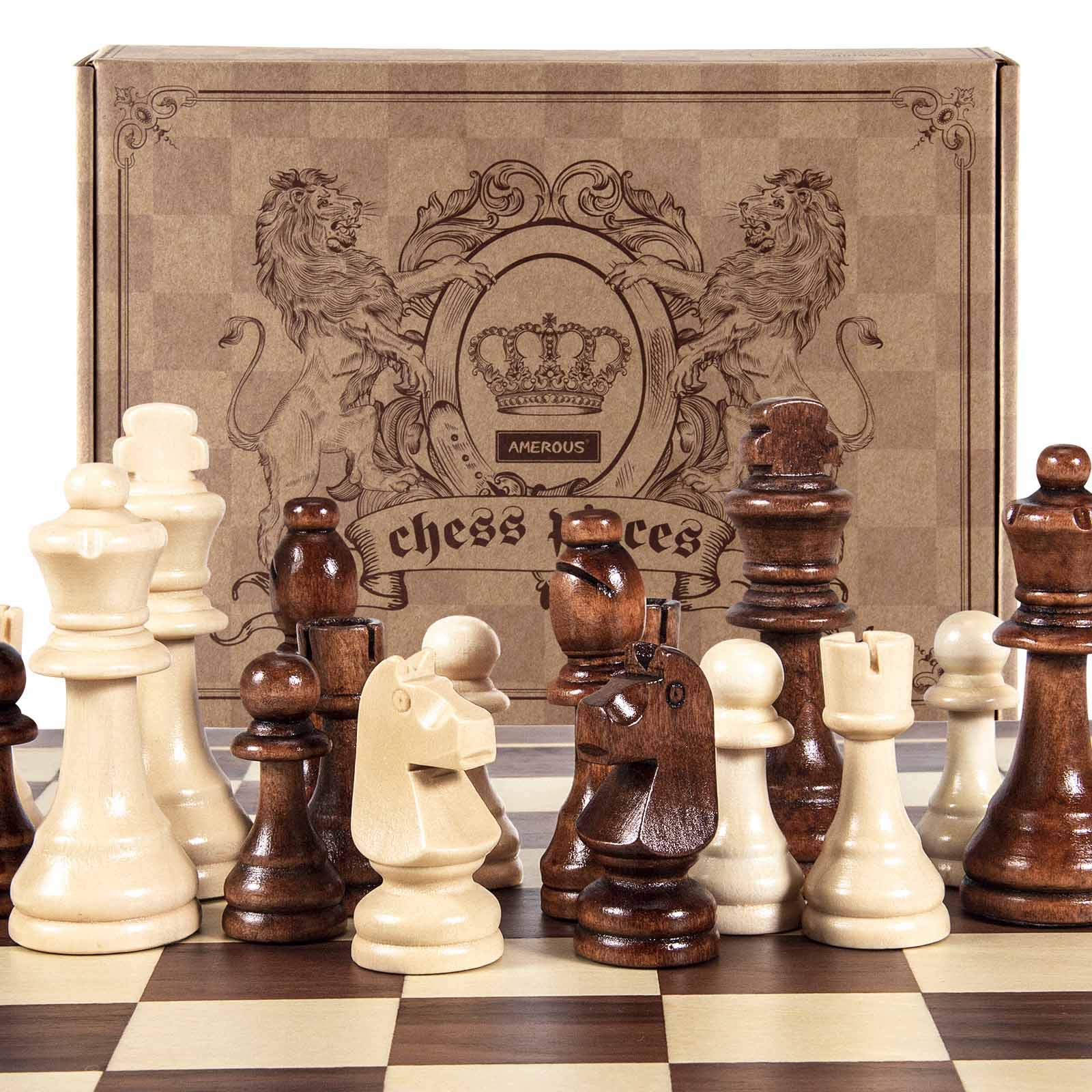 AMEROUS Wooden Chess Pieces Only, Tournament Staunton Wood Chessmen with 3.5 inches King, Chess Game Pawns for Chess Board Game, Replacement of Missing Pieces (2 Storage Bag Included)