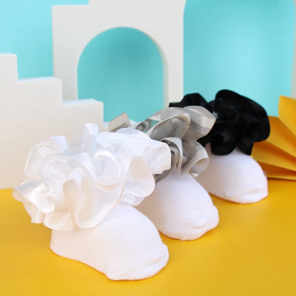 3 Pairs 3D Three-dimensional Ruffled Lace Cotton Socks,Cute Double Big Lace Dress Princess Socks for Girls (3Pairs-Black/White/Grey, 0-12 Months)