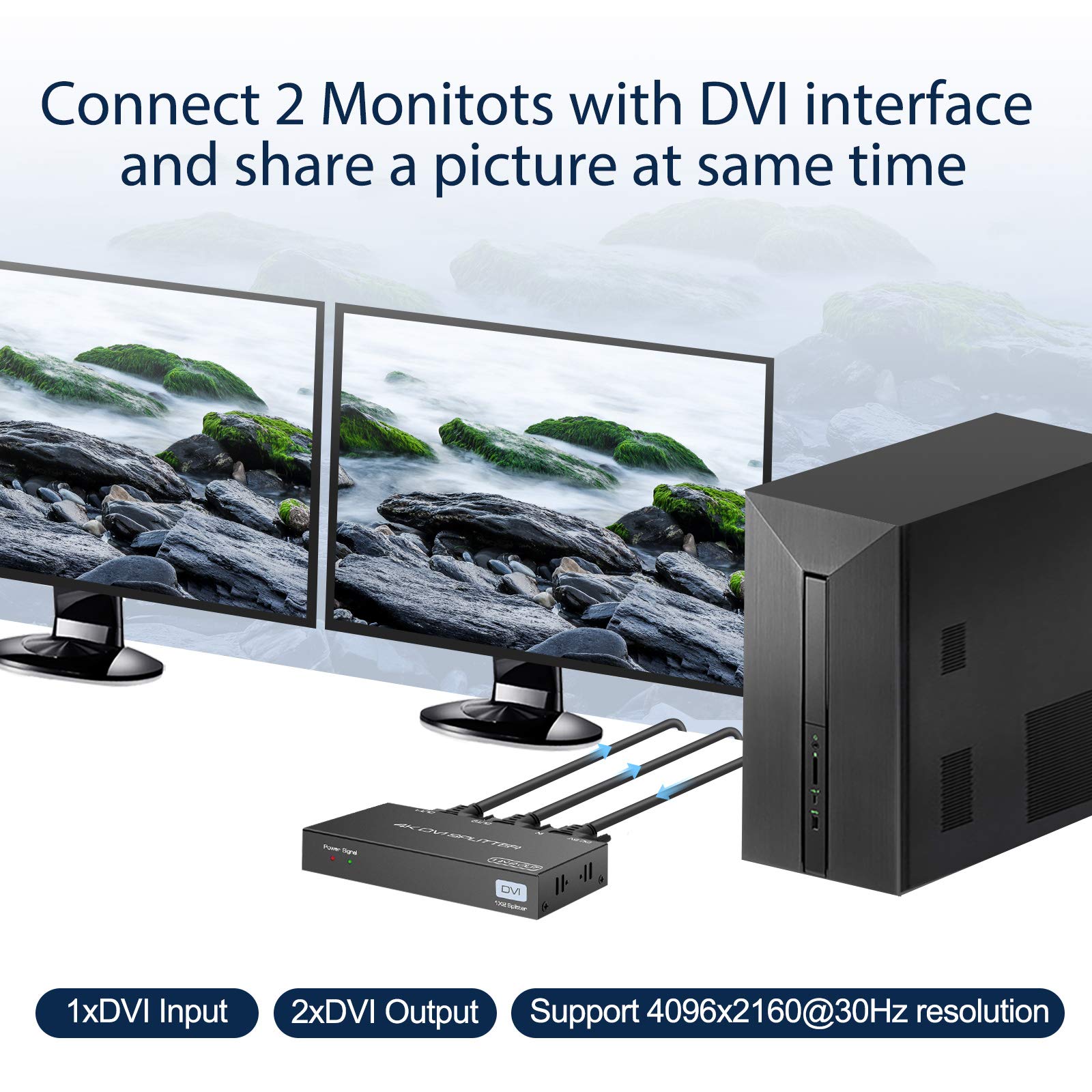 DVI Splitter 1 in 2 Out 2 Port DVI Dual Monitors Distribution Duplicator Video Splitter Support EDID Management Resolution up to 4K30Hz for PC Laptop DVR Projector HDTV