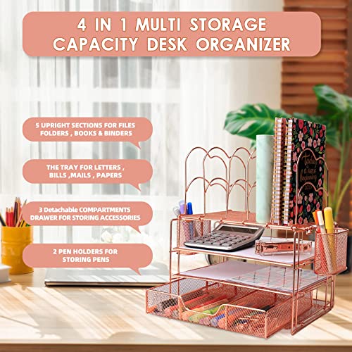 Desk Organizers and Accessories, 4 Tier Desk Organizers with 5 Upright Sections, 2 Pen Holders and Drawer, Desk accessories & workspace organizers, for School Home Office Supplies Organizer, Rose Gold