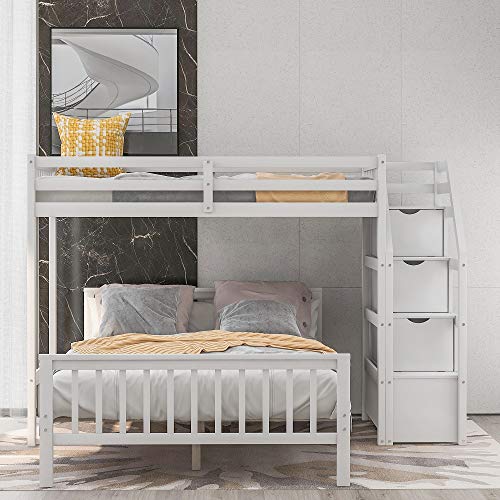 Harper & Bright Designs Twin Over Full Loft Beds, Bunk Beds Twin Over Full with Stairway and Storage, Full-Length Guardrail, No Box Spring Needed (White Twin Over Full Bun Beds)