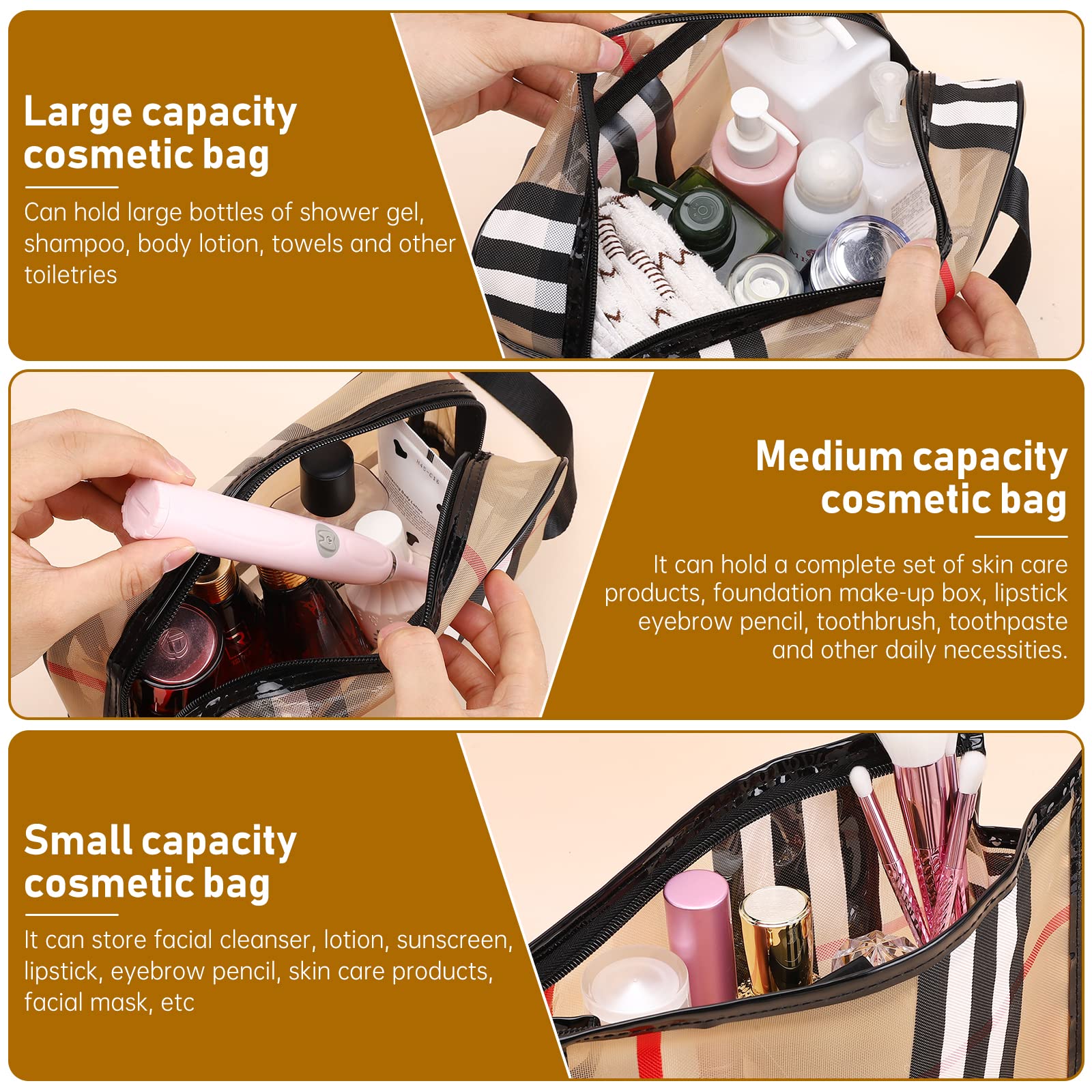 GOLIKEE 3Pcs Makeup Bags Stripes Cosmetic Bag Set Portable Transparent Waterproof Travel Organizer Multifunction Storage Bag Plaid Toiletry Bag for Women (Stripe)