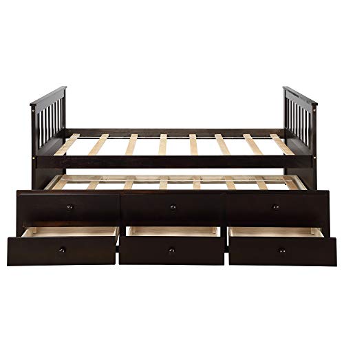 Harper & Bright Designs Twin Captain's Bed Storage Daybed with Trundle and Drawers for Kids Teens and Adults, Espresso