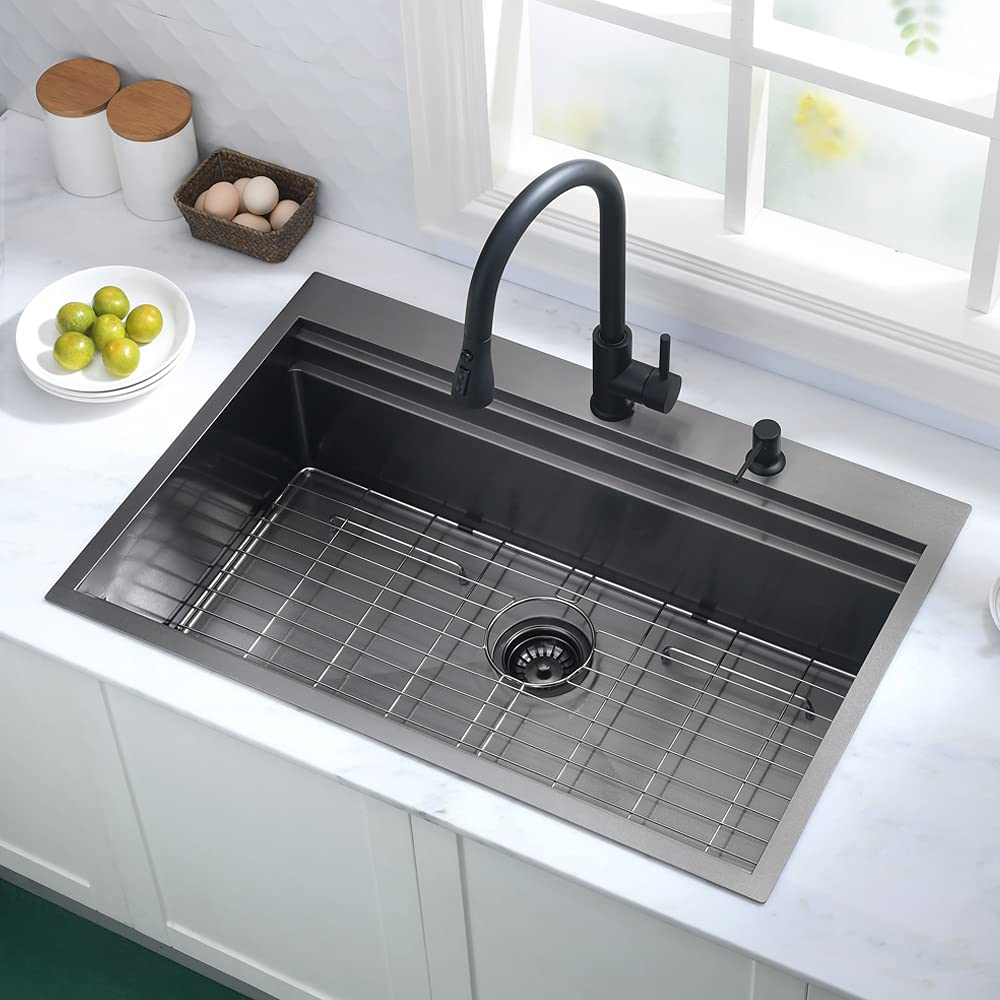 30 Black Drop in Kitchen Sink Workstation- Hovheir 30x22 Topmount Drop In Kitchen Sink Matte Black Stainless Steel Sink Handmade Sink Double Ledges Workstation Sink 16 Gauge Single Basin Kitchen Sink