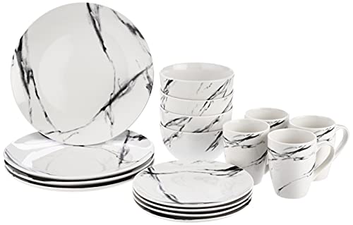 American Atelier Marble Black Coup Casual Round Porcelain Dinnerware Set-16 Piece Party Collection w/ 4 Dinner Salad Plates, 4 Bowls & 4 Mugs, 10.5", White