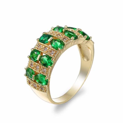 2.28 Cttw Oval Shape Simulated Green Emerald & White Cubic Zirconia Wedding Engagement Band Ring In 14K Yellow Gold Plated 925 Sterling Silver - Ring Size - 6