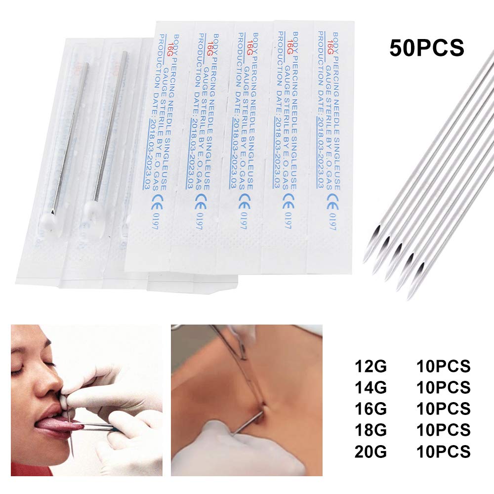 Ear Nose Piercing Needles - 50pcs Mix body piercing needles 12g.14g.16g.18g.20g Individualized Package for Piercing Needle Supplies Piercing Kit
