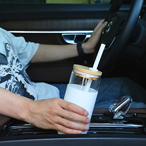 20oz Glass Water Tumbler with Silicone Protective Sleeve - Beer Can Shaped Glass Cups with Straw and Bamboo Lid, Iced Coffee Glasses, Cute Drinking Glasses for, Water Smoothie, Boba Tea, Gift - 1 Pack
