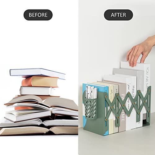 Adjustable Bookends TAINSE Expandable Bookends with Pen Holder Book Ends for Heavy Books,Magazine File Telescopic Design Bookends Adjustable Extends up to 17 inches-Green