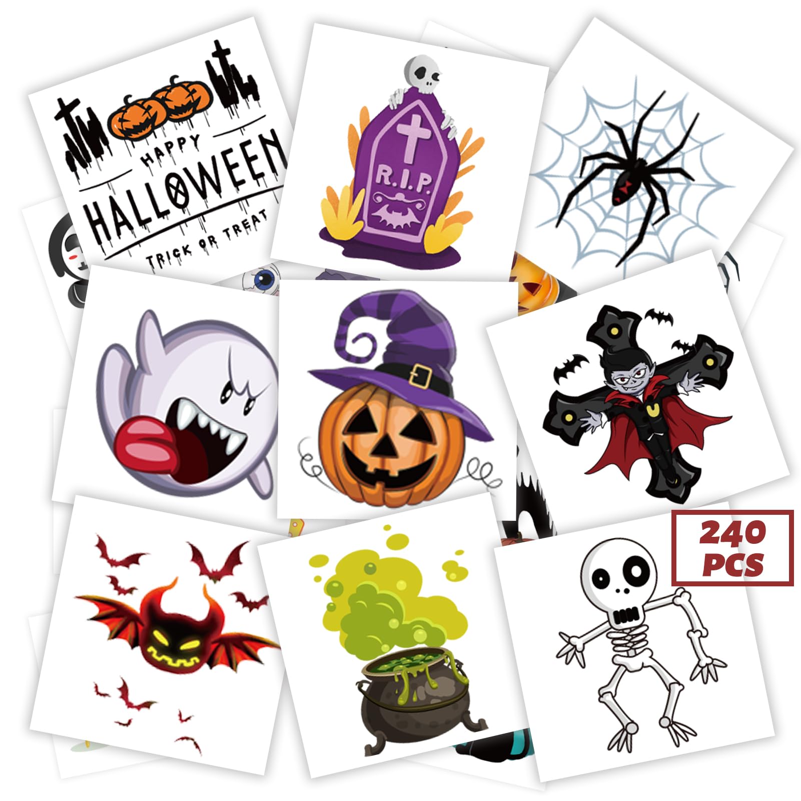 240 PCS Halloween Temporary Tattoos for Kids, Safety Waterproof Bulk Tattoos Stickers, Halloween Prizes Assorted Gifts, Best Choice for Halloween Party Favors, 60 Different Designs Pumpkin Witch Skull