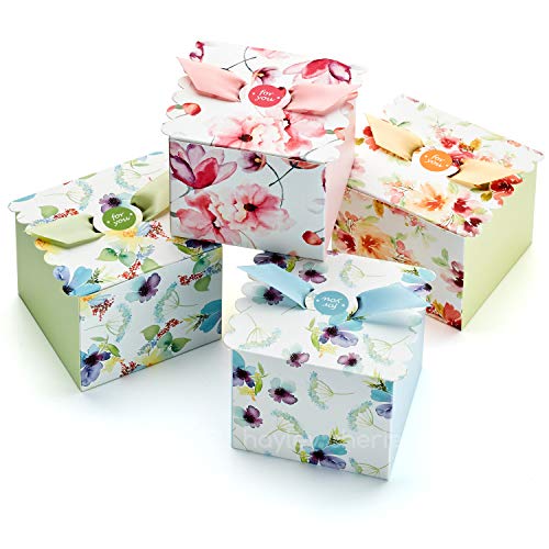 Hayley Cherie - Floral Gift Treat Boxes with Ribbons & Lids (20 Pack) - Thick 350gsm Card - 4" x 4" x 3.2" Inches - for Favors, Baby Showers, Christmas, Bridesmaids, Parties, Birthdays, Weddings