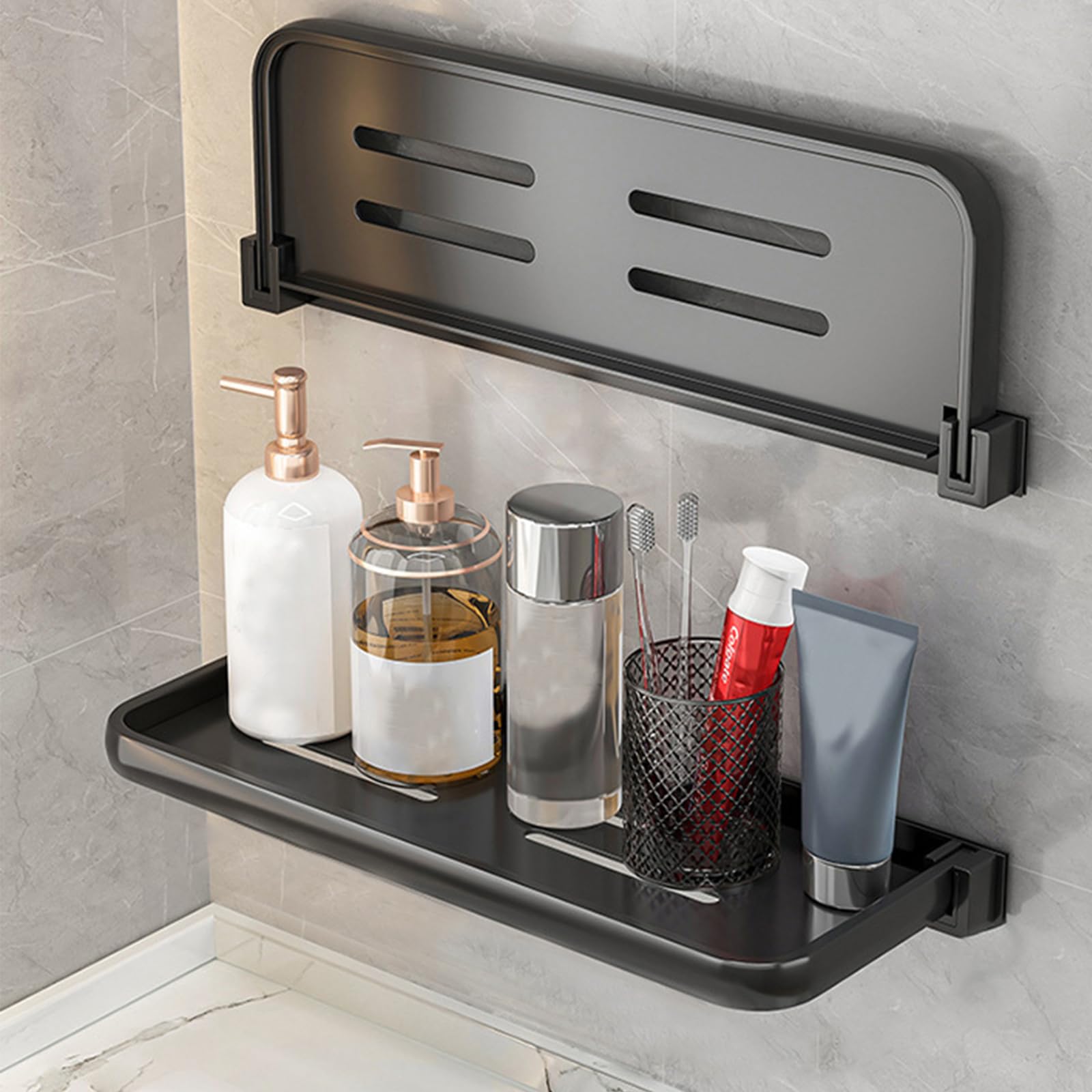 2pcs Bathroom Shelves Wall Mounted Foldable Shelf for Bathroom 12inch Waterproof Metal Shower Shelf Rack for Laundry Toilet Room Wall Organizer, Black