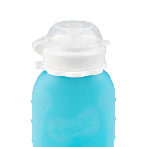 Blue 6 oz Squeasy Snacker Spill Proof Silicone Reusable Food Pouch - for Both Soft Foods and Liquids - Water, Apple Sauce, Yogurt, Smoothies, Baby Food - Dishwasher Safe