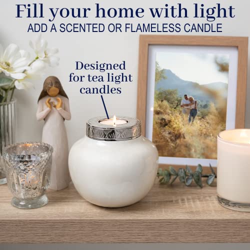 FOVERE β Small Decorative Urns for Human Ashes β White Ashes Keepsake Urn with Candle Holder β 100% Handmade Decorative Cremation Urns for Males and Females. Pet Urn for Dogs Ashes and Cats
