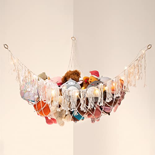 CUHIOY Toy Hammock for Stuffed Animals Large, Toy Storage Net Fits 40 Teddy Bears with Lights, Kids Mesh Hanging Nursery Organizer, Plush Toys Holder on Bedroom Wall Corner Decoration( Beige)|64x 64x 45 Inch