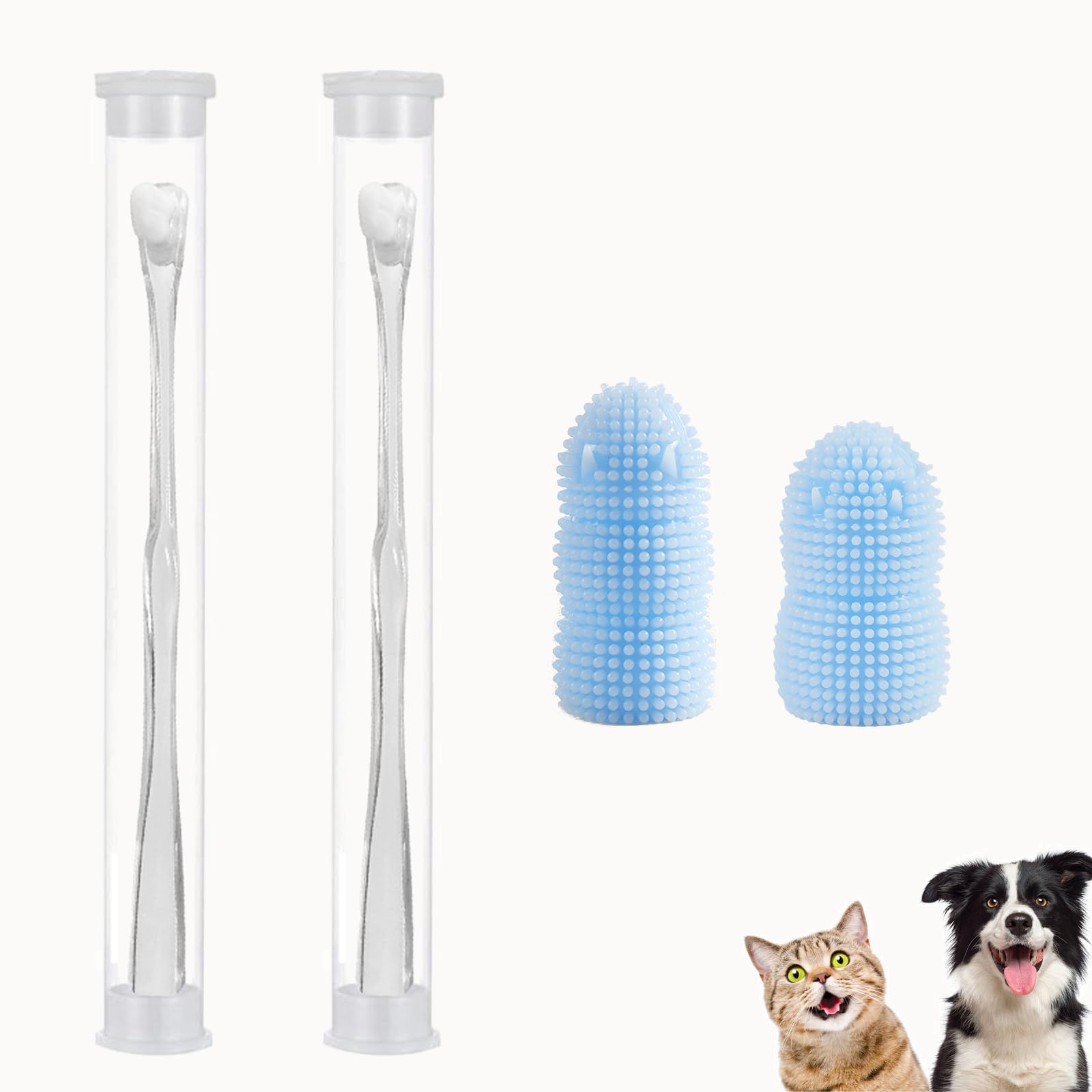 4 Pack Kit Dog Dental Cleaning Brushes,2 Pack Extra Soft Dog and Cat Dental Cleaning Brushes with Storage Box and 2 Pack Dog Finger Toothbrush for Dog Dental Care, Easily Clean Teeth(Transparent,Blue)