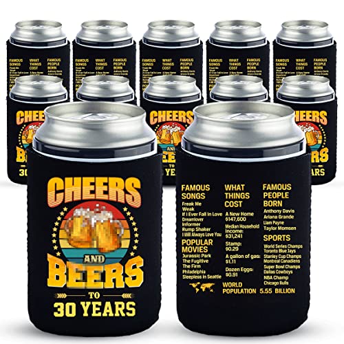 30th Birthday Party Beverage Can Cooler Sleeves, Cheers to 30 Years with Old Time Informations, Happy 30th Birthday Decorations for Men Women, 30th Birthday Party Supplies, Vintage - 12 Pcs