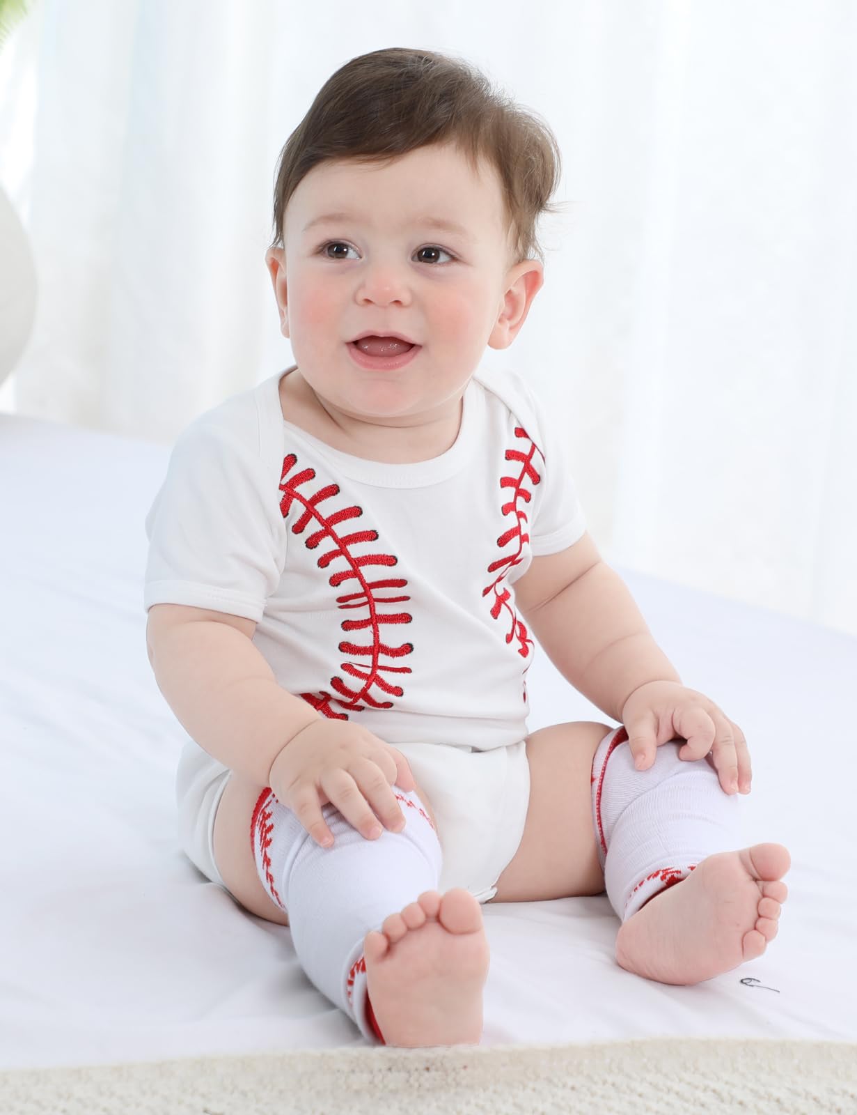 COSLAND Baby Baseball Outfit Infant Boys Cotton Bodysuit, White, 3-6 Months