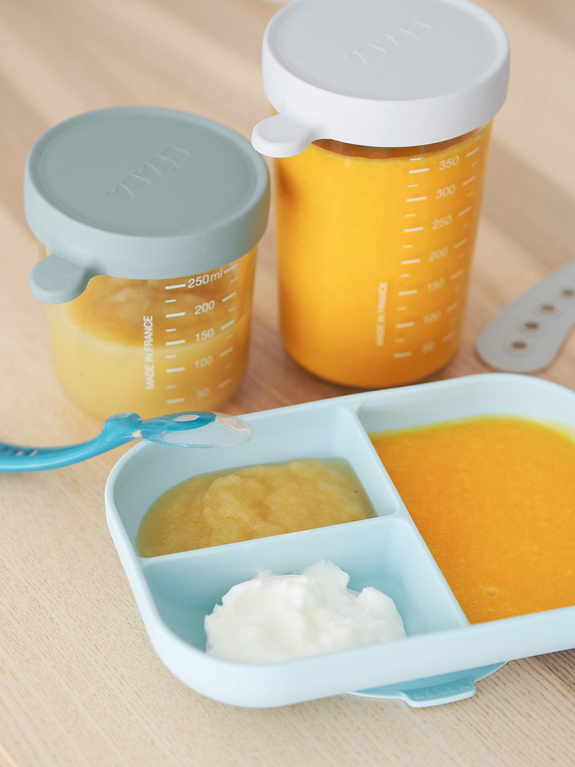 BEABA Silicone Suction Plates for Baby, Made with High Grade Food Safe Silicone, Soft Durable Toddler Dishes, Baby Plates with Suction Bottom, Rain