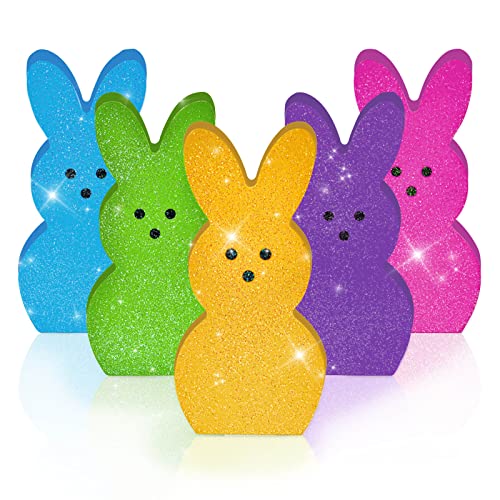 5 Pieces Easter Bunny Wood Signs Glitter Shiny Bunny Shaped Wooden Decor Colorful Rabbit Tiered Tray Decor Spring Table Centerpieces for Easter Party Desk Shelf Home Farmhouse Table Decorations