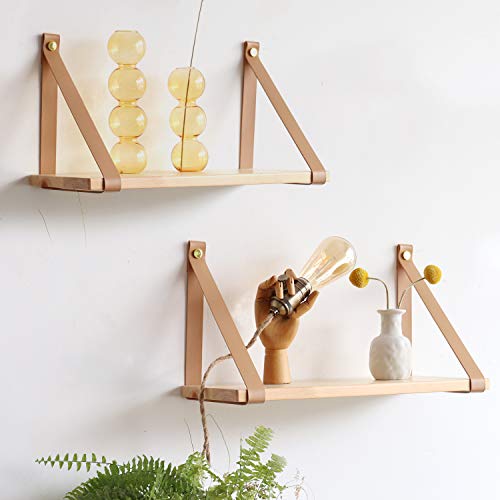 FRIADE PU Leather Strap Shelves,Wall Floating Shelf, Storage Rack for Kitchen,Living Room,Bedroom,Study,Set of 2