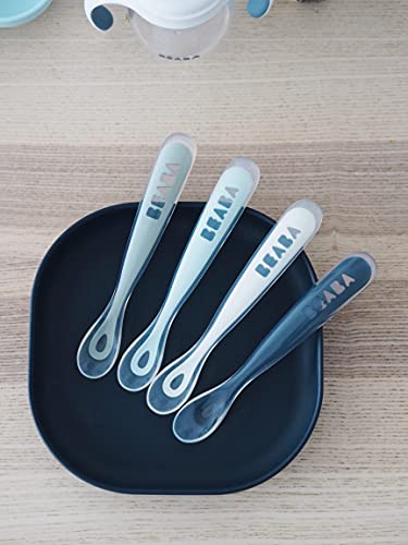 BEABA Baby's First Foods Spoon Set, Original Silicone Baby Spoons, Baby Essentials, Baby Spoons, Pack of 4 Baby Gift Set, BPA Lead & Phthalate Free, Rain
